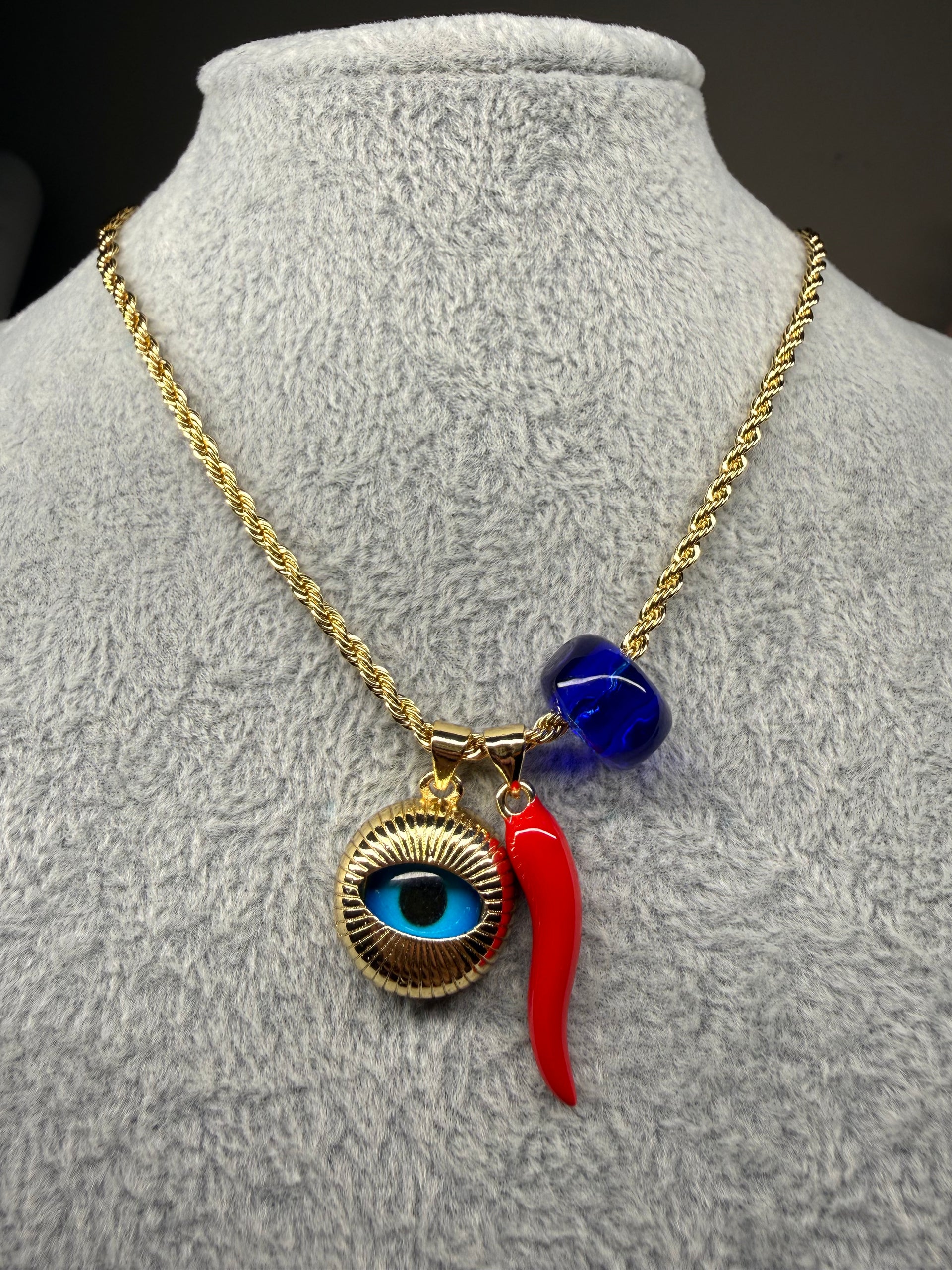Evil Eye, Red Horn & Blue Glass Bead Necklace – Marimar Valbuena Accesorios