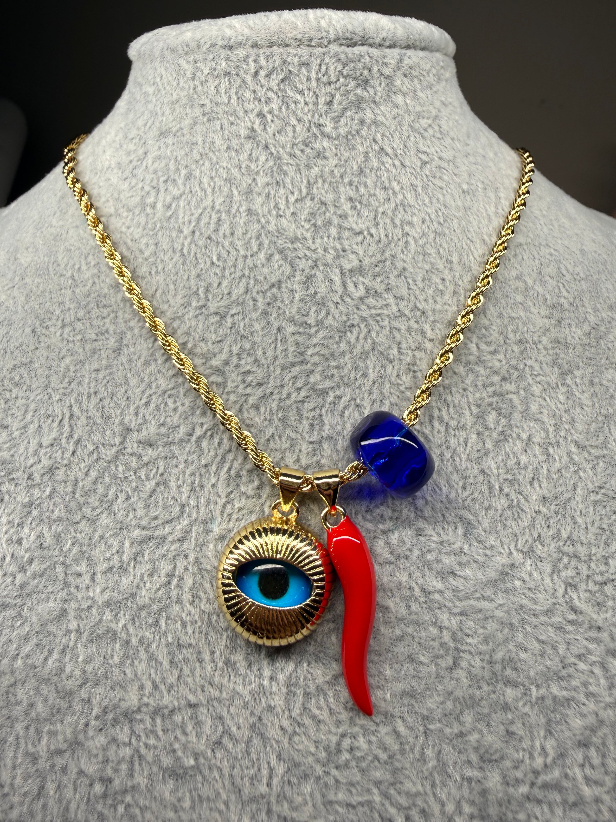 Evil Eye, Red Horn & Blue Glass Bead Necklace – Marimar Valbuena Accesorios